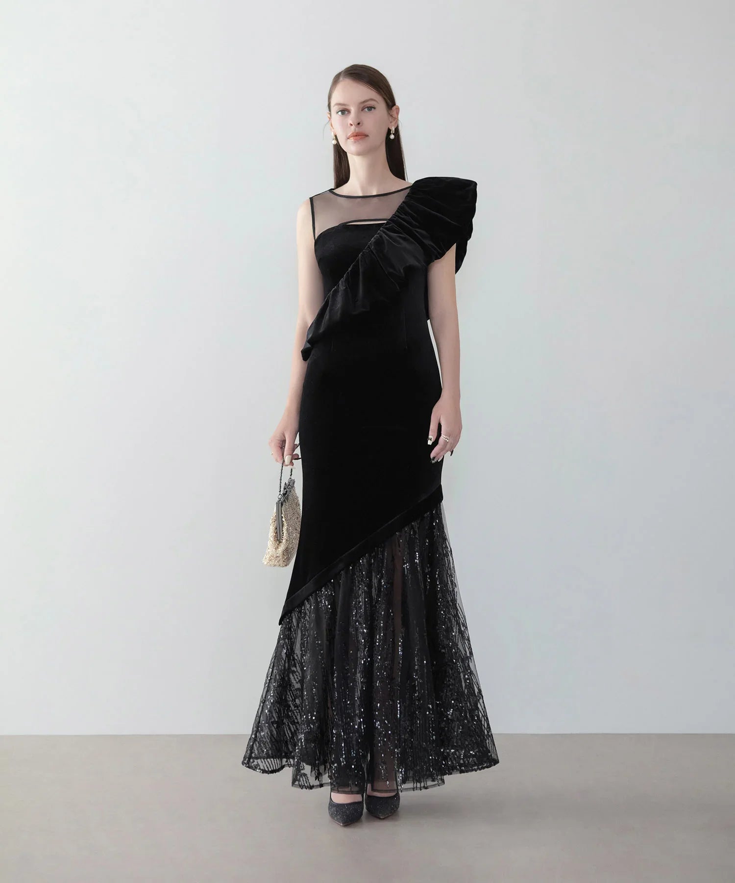 【LEJA LUXE】2WAYアシンメトリーフリルベロアマーメイドドレス