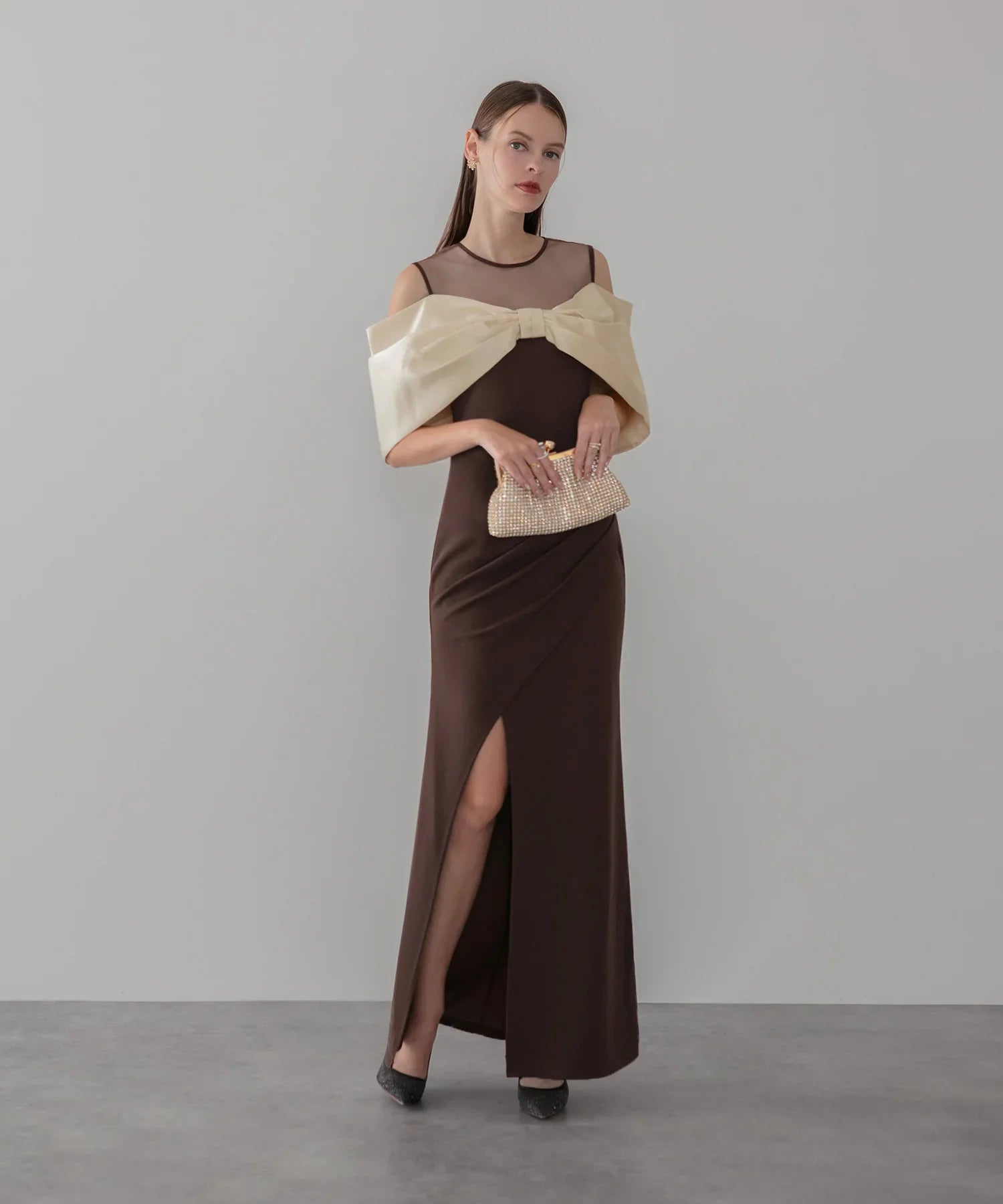 【LEJA LUXE】ビッグリボンシアーショルダードレープロングドレス